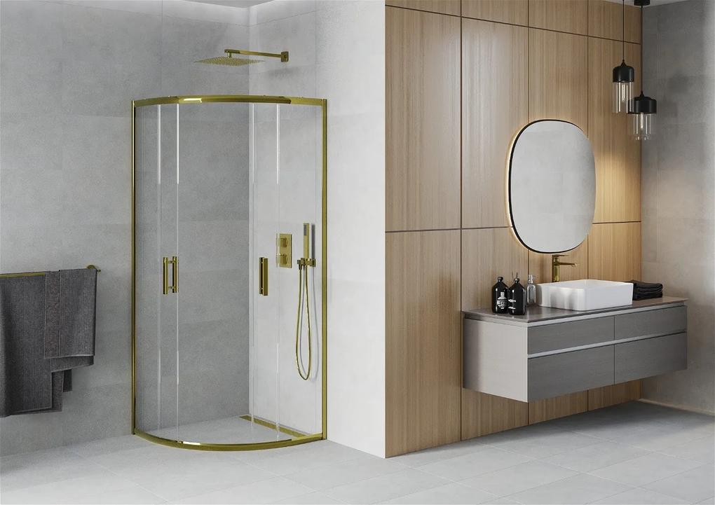 Mexen Rio, čtvrtkruhový sprchový kout s posuvnými dveřmi 80 (dveře) x 80 (dveře) x 190 cm, 5mm čiré sklo, zlatý profil, 863-080-080-50-00
