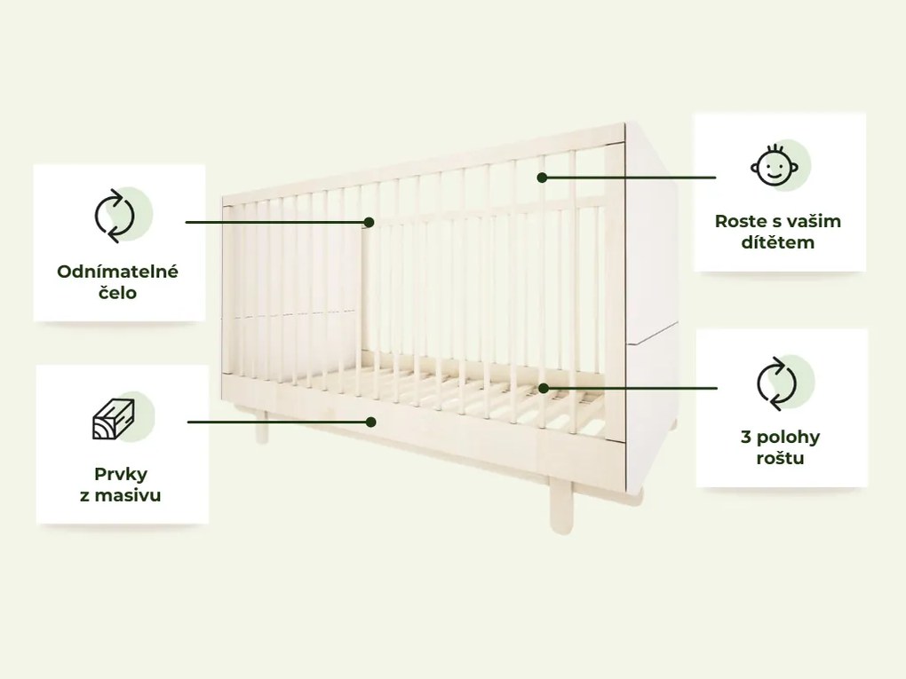 Rostoucí dětská postýlka BASIC 70x140 cm Zvolte barvu: Bílá