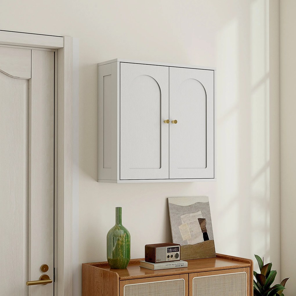 HOMCOM Koupelnová nástěnná skříňka s regály, 2 dveře s obloukovým designem a zlatými úchyty, 60x20x60 cm, bílá