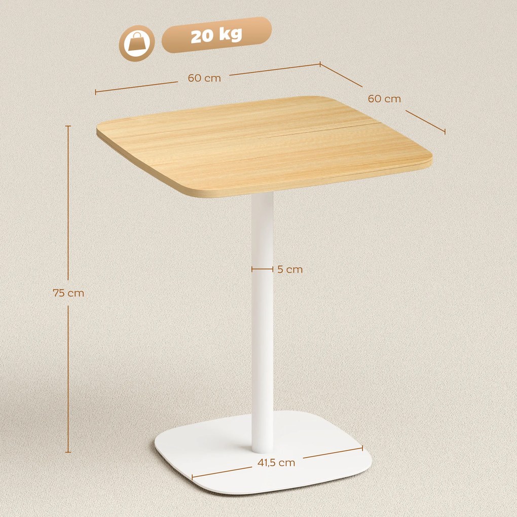 HOMCOM malý čtvercový jídelní stůl pro 2 osoby, čtvercová ocelová podstava, ideální do malých prostor — 60 x 75 cm, přírodní dřevo & bílá