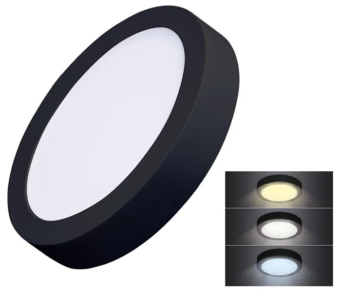 Solight led mini panel cct, přisazený, 12w, 900lm, 3000k, 4000k, 6000k, kulatý, černá barva
