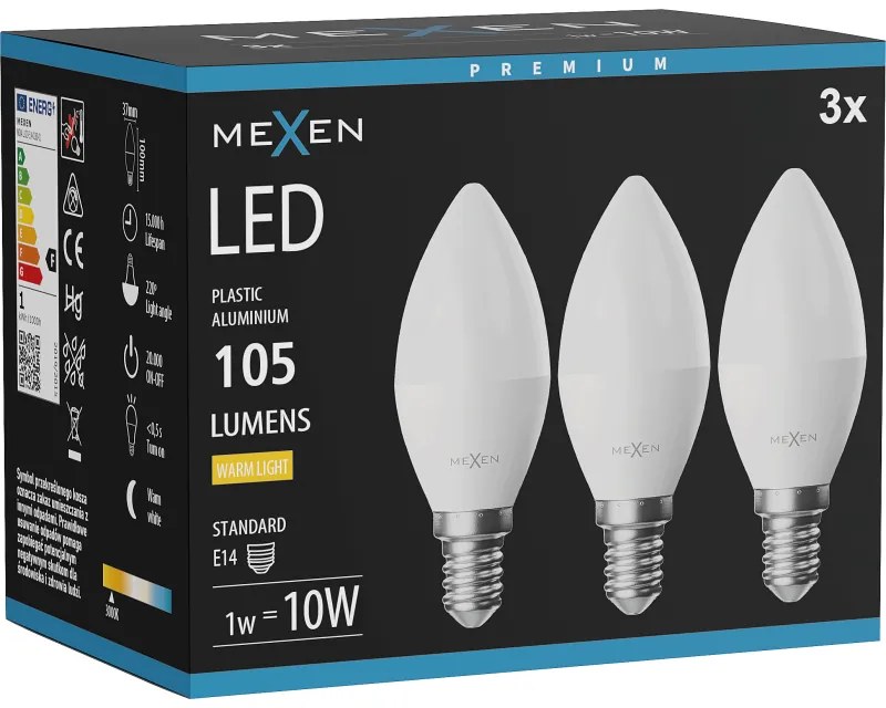 Mexen Nova 3x LED žárovka E14, C37, 1W, Teplá - 3000K, 105 lm - L102-E14-0130-01x03