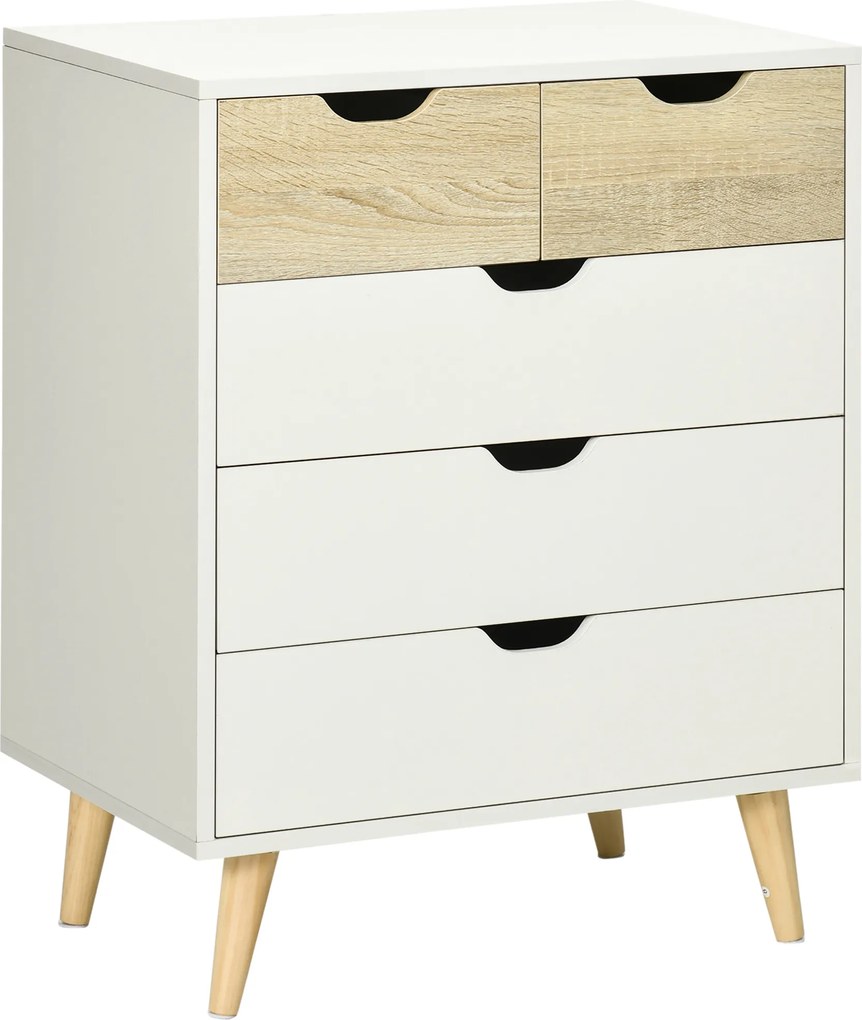 HOMCOM Komoda s 5 zásuvkami a zvýšenými nohami pro ložnici, obývací pokoj i kancelář, moderní styl, proti převrhnutí, 60x40x77,5 cm, přírodní a bílá