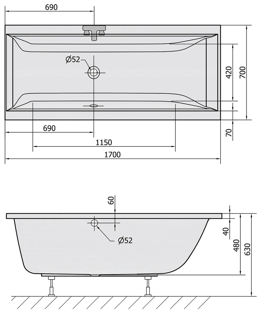 Polysan CLEO obdélníková vana 170x70x48 cm, bílá, 74611