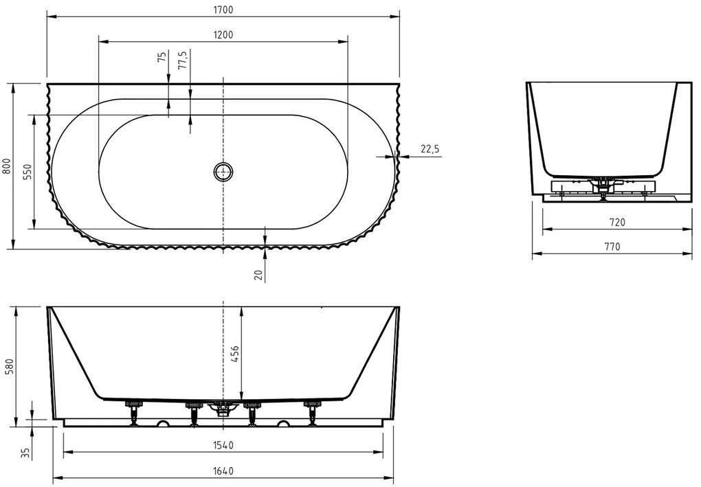 Mexen Sella, volně stojící vana ke stěně, drážkovaná, 170 x 80 cm, bílá matná, 52711708001-SS