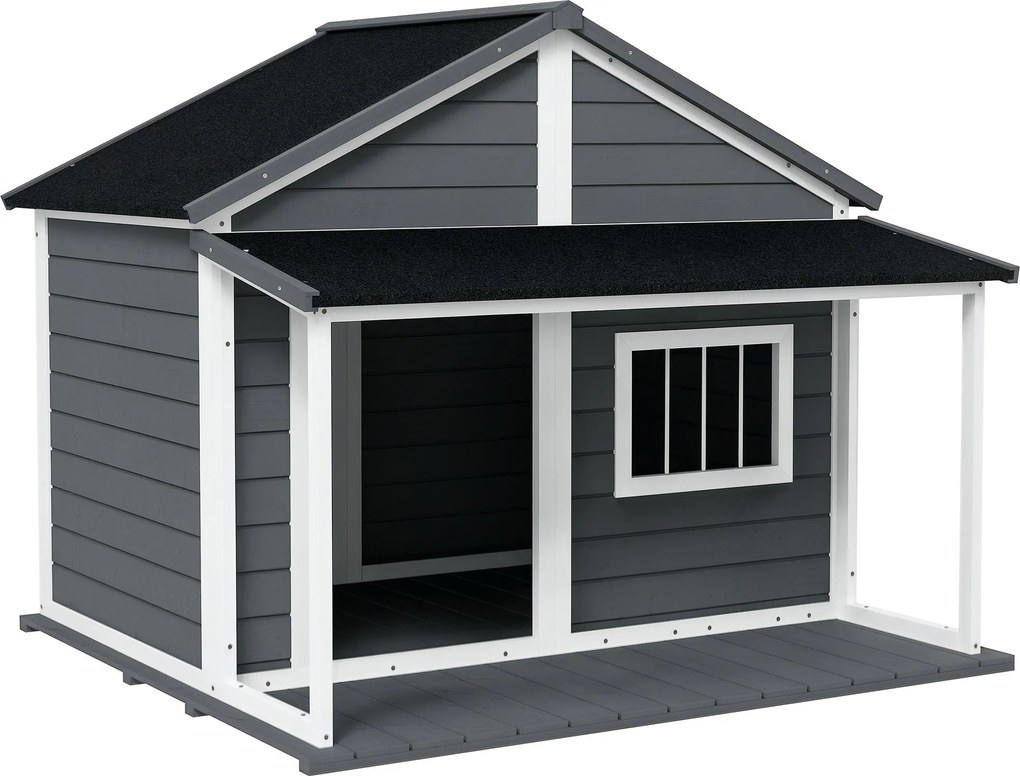 Dřevěná psí bouda PawHut s terasou a asfaltovou střechou – venkovní weatherproof úkryt pro malé zvíře, šedá, 124 x 112 x 105 cm | Aosom