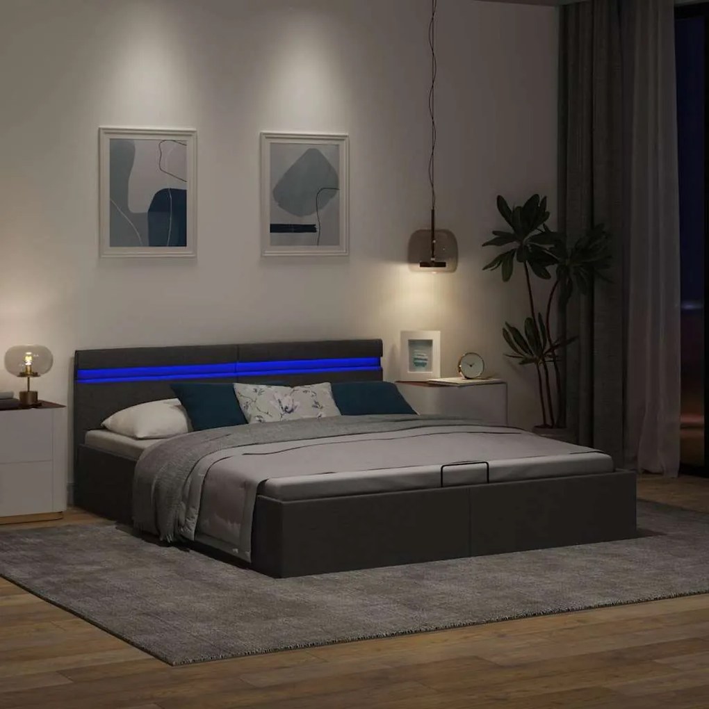 Rám postele s úložným prostorem LED tmavě šedý textil 160x200cm 285604