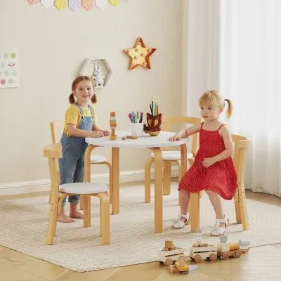AIYAPLAY Sada stolu a židlí pro děti 3-8 let, 5dílná, s zaoblenými hranami z bílého dřeva