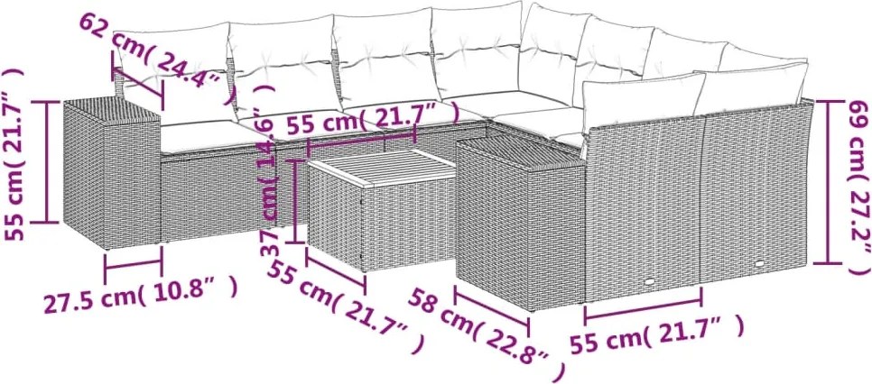 9dílná zahradní sedací souprava s poduškami béžová polyratan 3257704