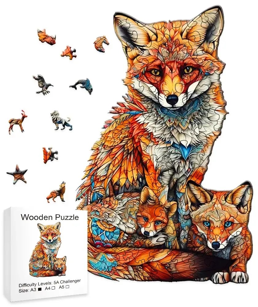 Dřevěné puzzle - Liščí rodina Varianta: Liščí rodina A3 - 29,7x42 cm
