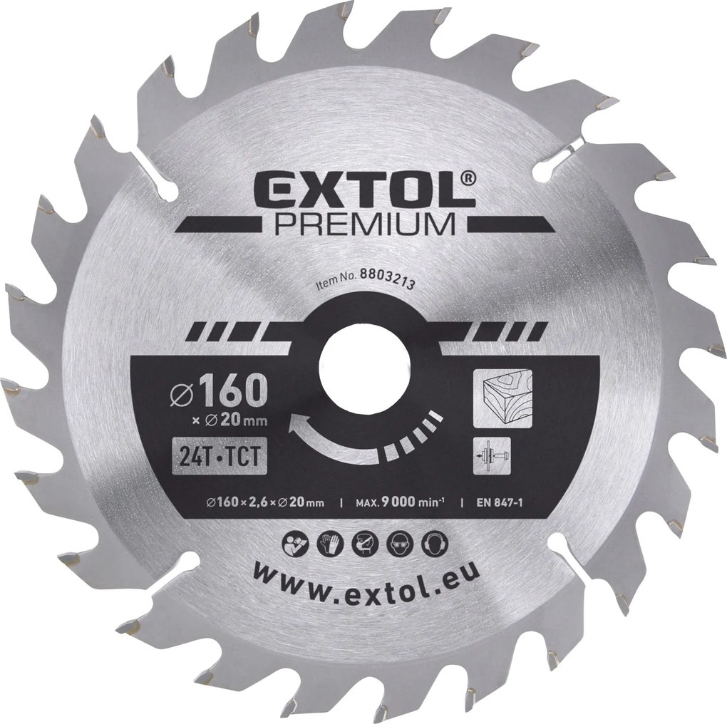 EXTOL PREMIUM pilový kotouč s SK plátky, 160x2,0x20mm, 24T, šířka SK plátků 2,8mm