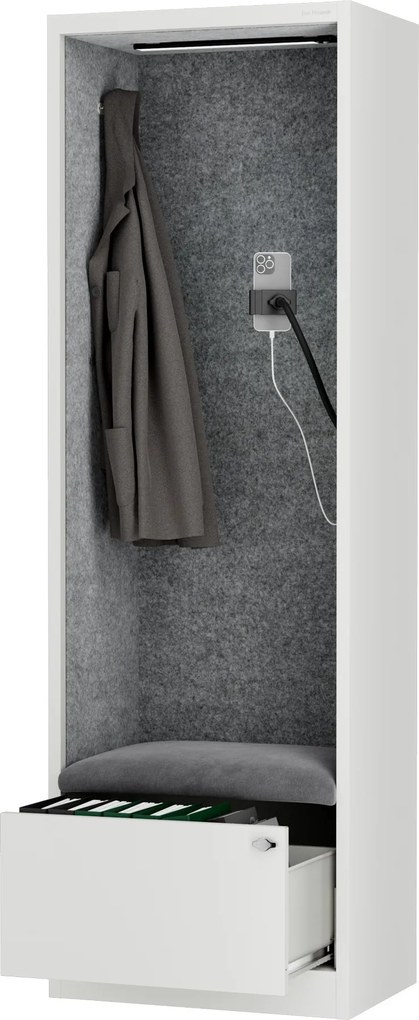 Kancelářská akustická kabina se sedátkem a USB-C portem, korpus bílý / sedák šedá, 600 mm: SALLY MentalBox