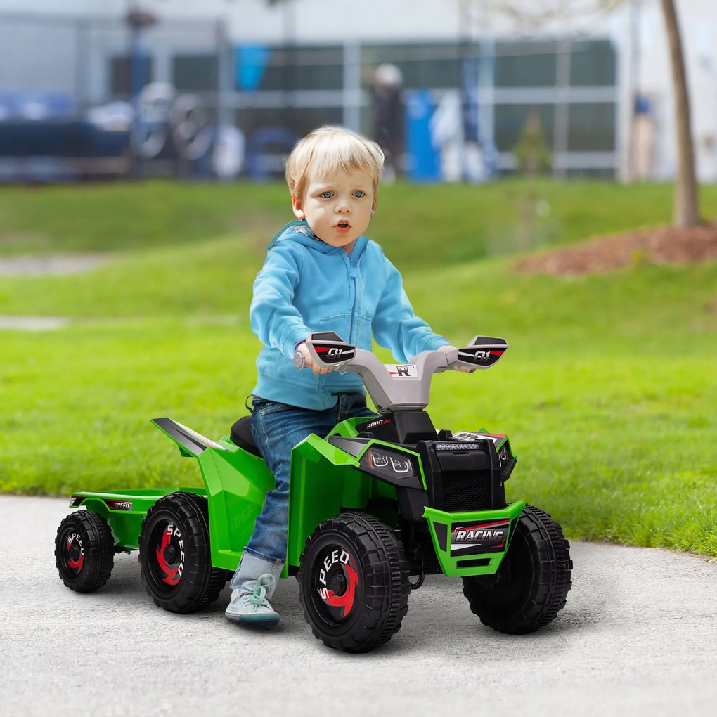 HOMCOM Dětská elektrická čtyřkolka 6V s přívěsem, dětské vozidlo pro 1,5-3 roky, 2,5 km/h, kovová, zelená pro venkovní zábavu