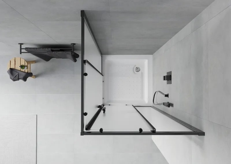 Mexen Rio, čtvercový sprchový kout s posuvnými dveřmi 70 (dveře) x 70 (dveře) x 190 cm, 5mm sklo námraza, černý profil + bílá sprchová vanička RIO, 860-070-070-70-30-4510