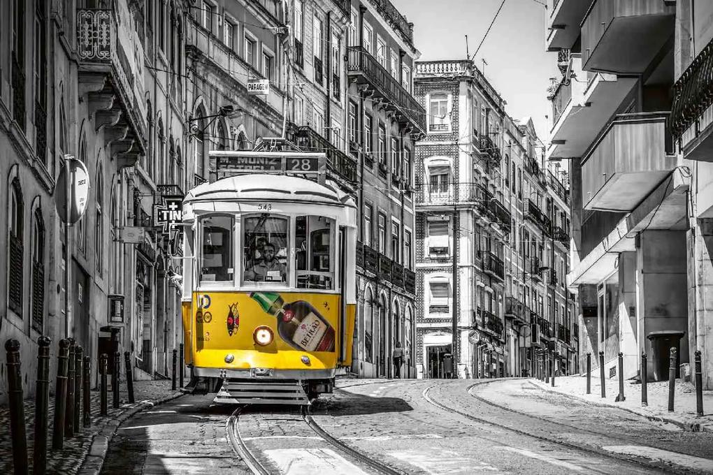 DIMEX | Samolepicí vliesová fototapeta na zeď Žlutá tramvaj, Lisabon MA-5-2893 | 375 x 250 cm | bílá, černá, žlutá