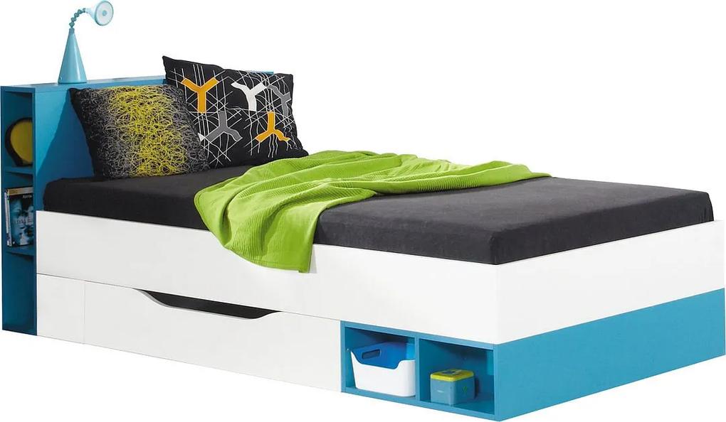 Dětská postel s úložným prostorem Poly, lamino + ABS, bílá / tyrkysová, 94x80x223 cm