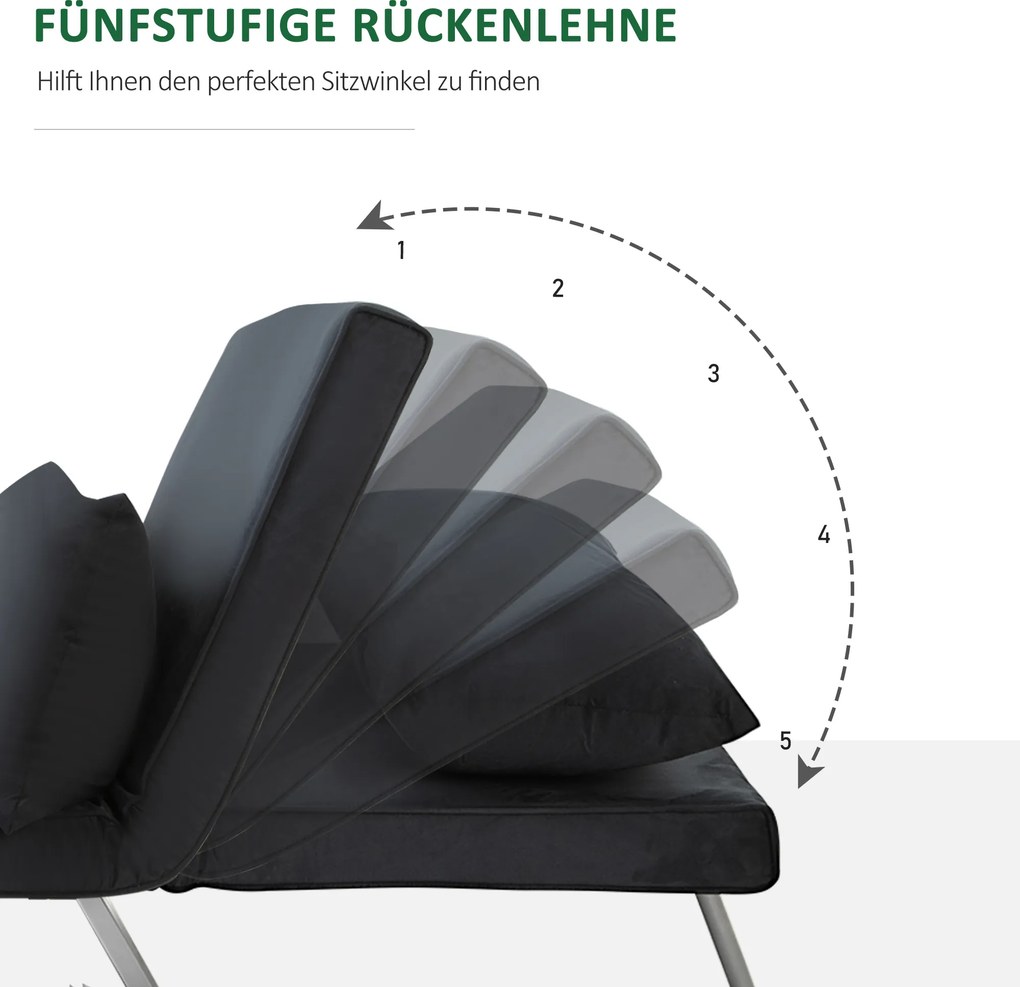 HOMCOM Rozkládací pohovka 2 v 1 s nastavitelným opěradlem 65L x 77W x 80H cm, snímatelný potah, polštáře, robustní a nerezavějící, polyester černá | …