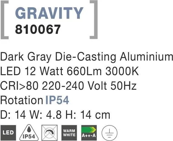 NV 810067 Venkovní nástěnné svítidlo GRAVITY tmavě šedý hliník akrylový difuzor LED 12W 3000K 220-240V rotační IP54 - NOVA LUCE