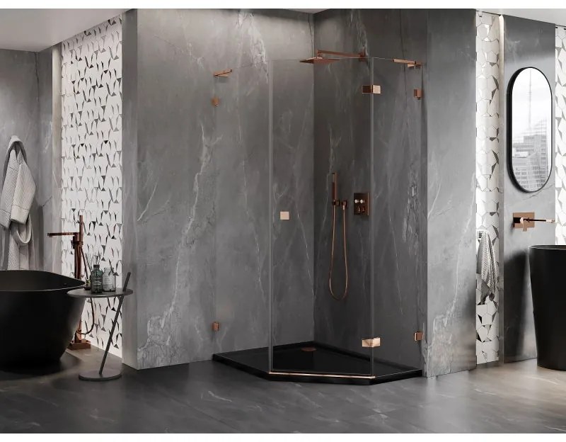 Mexen Lunar, L pětiúhelníkový sprchový kout s pravým sklonem 80 x 100 cm, 8mm čiré sklo, profil růžové zlato, 831L-080P-100L-60-00-P