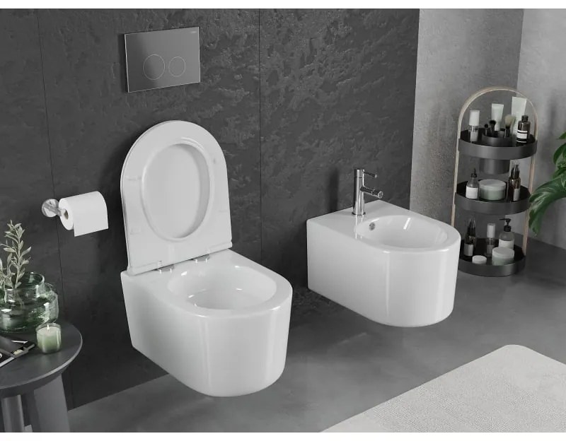 Mexen Sofia, závěsná WC mísa 490x360x355 mm, Rimless Tornádo + WC sedátko z duroplastu, bílá lesklá, 30540500T