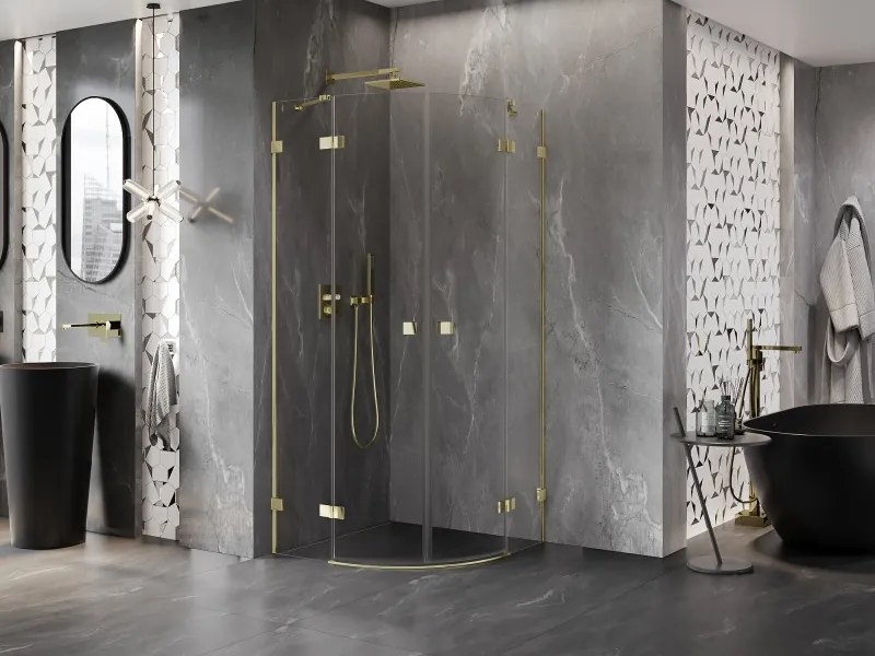 Mexen Lunar, půlkruhový výklopný sprchový kout 100 x 100 cm, 8mm čiré sklo, zlatý profil, 833-100L-100P-50-00