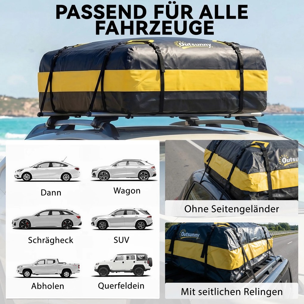 Outsunny Vodotěsný střešní box na auto 425L pro střechy vozidel s/bez střešního nosiče, kufrový box s 8 zesílenými popruhy, háčky dveří, žlutá