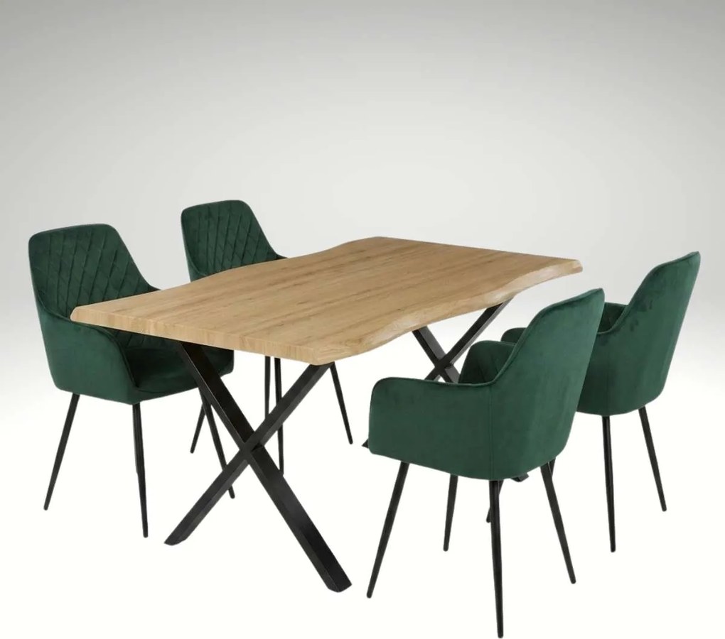 Vikio Jídelní set pro 4 osoby 160x90 cm soft dub noha X zelená židle s područkami VJS226-4Z