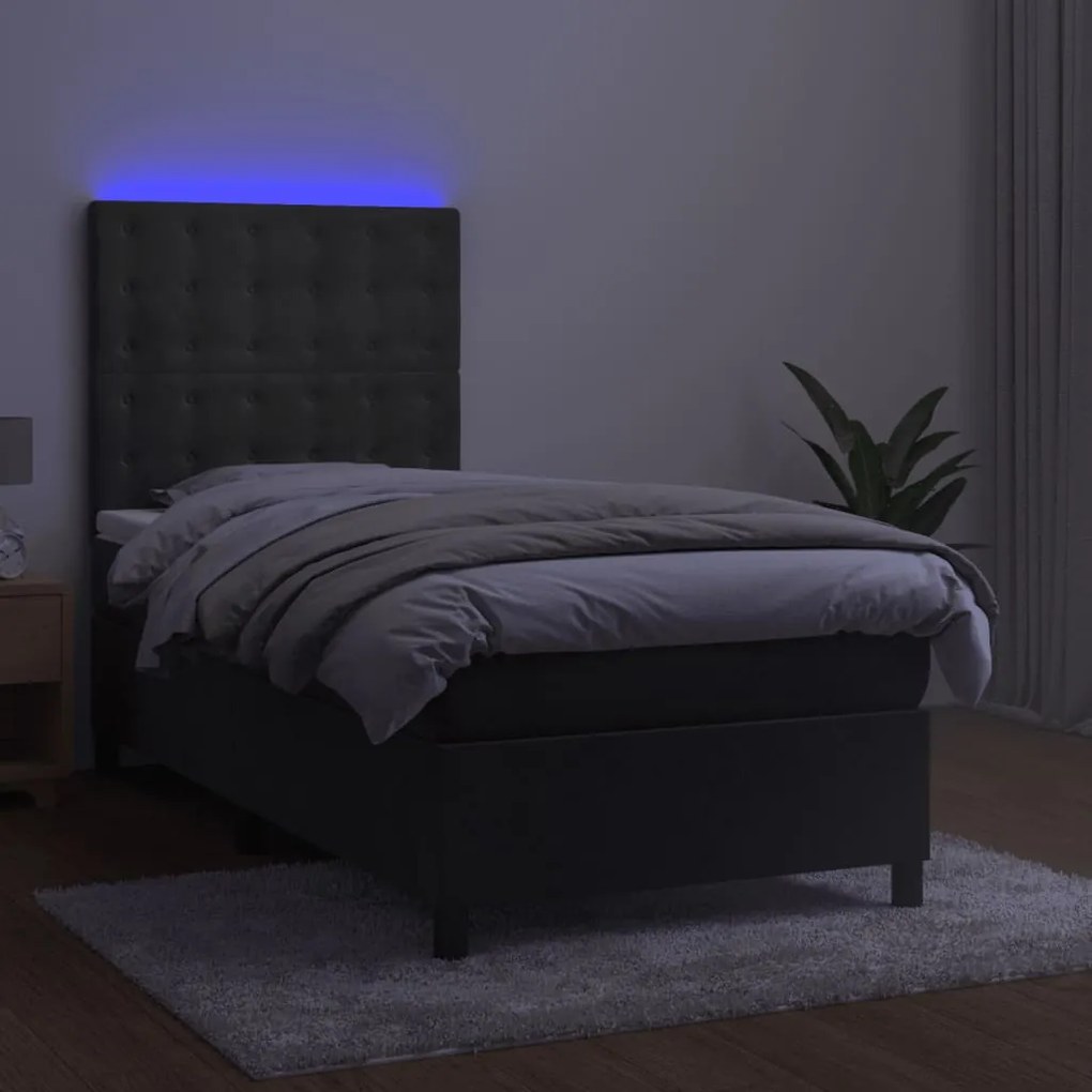 Box spring postel s matrací a LED tmavě šedá 90x200 cm samet 3136342