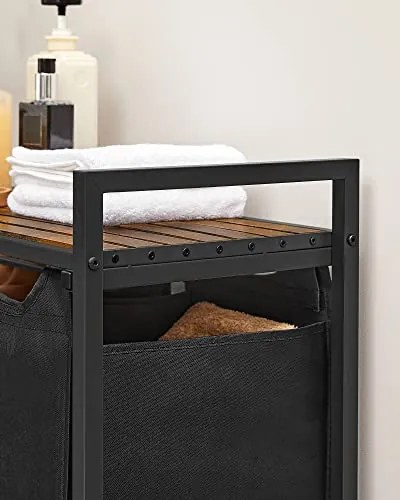 Koš na prádlo s policí BERGEN, 3x38l, černá/hnědá SongmicsHome