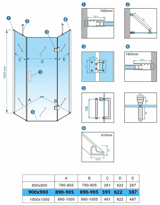 BPS-koupelny Pětiúhelníkový sprchový kout HYD-PK10B 90x90 černá/transparent + vanička HYD-PSV-ST08B bílá