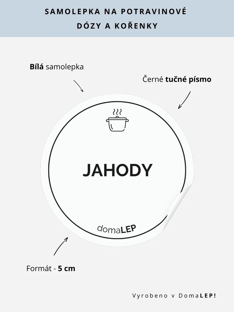 JAHODY – bílá samolepka na dózu, tučné písmo, 5 cm | DomaLEP