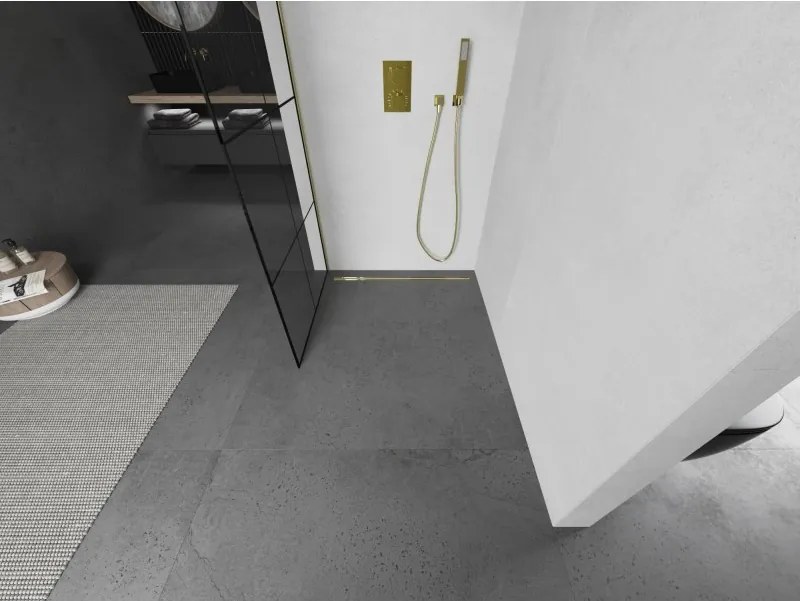 Mexen Kioto L, sprchová zástěna Walk-In 80 x 200 cm, 8mm čiré sklo černý vzor, zlatý lesklý profil, 800-080-103-50-77