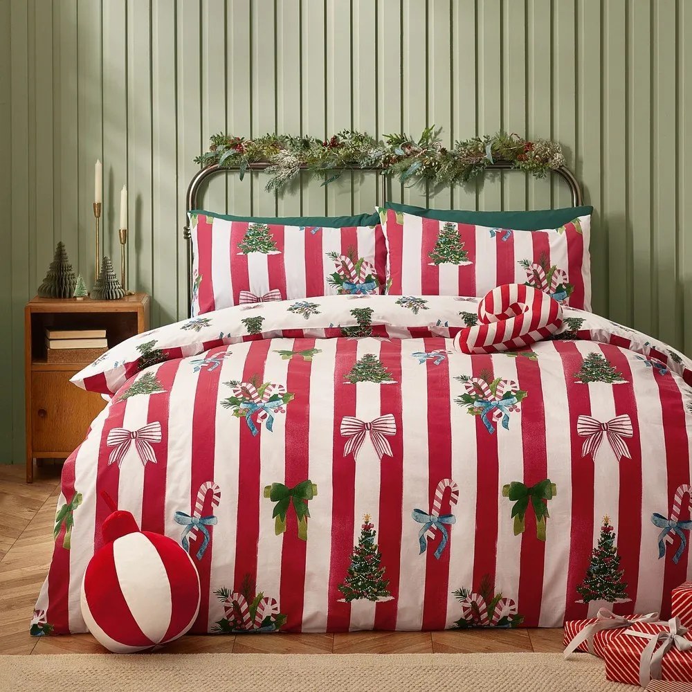 Červené/bílé povlečení na dvoulůžko/prodloužené 230x220 cm Christmas Stripe – Catherine Lansfield