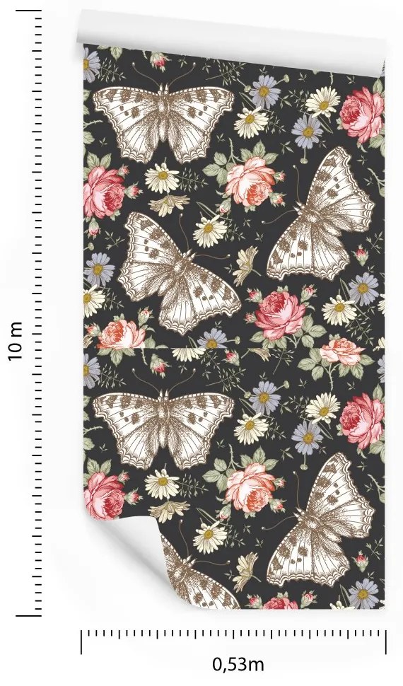 Tapeta Na Zeď V Předsíni Motýli, Růže, Květiny, Listy Vliesová tapeta 53x1000