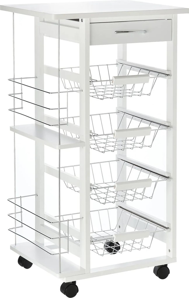 HOMCOM Kuchyňský vozík na kolečkách - Víceúčelový vozík se zásuvkou, 4 odnímatelné kovové košíky a boční regály, 47x37x83 cm, bílý | Aosom