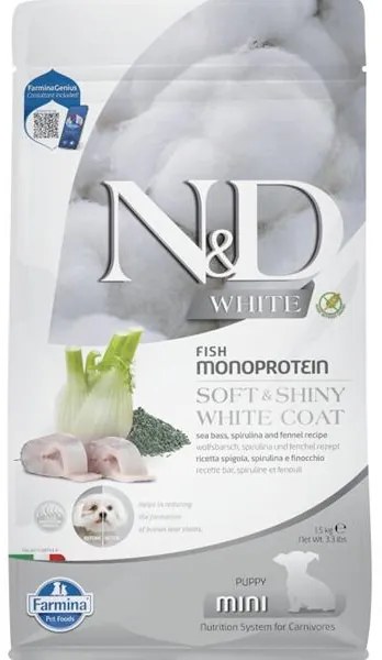 N&D WHITE Dog GF Sea Bass, Spirulina & Fennel Puppy Mini 1,5 kg