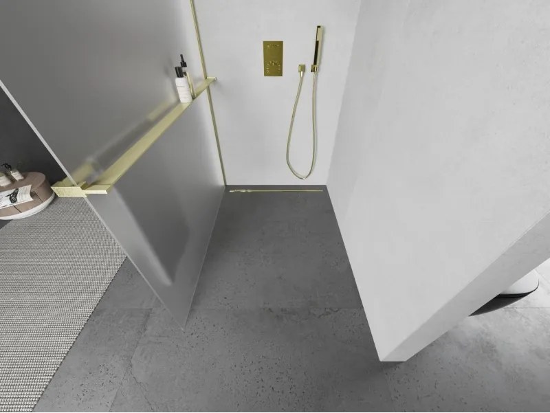 Mexen Kioto+, sprchová zástěna Walk-In s poličkou a věšákem 100 x 200 cm, 8mm sklo námraza, zlatý matný profil, 800-100-121-55-30