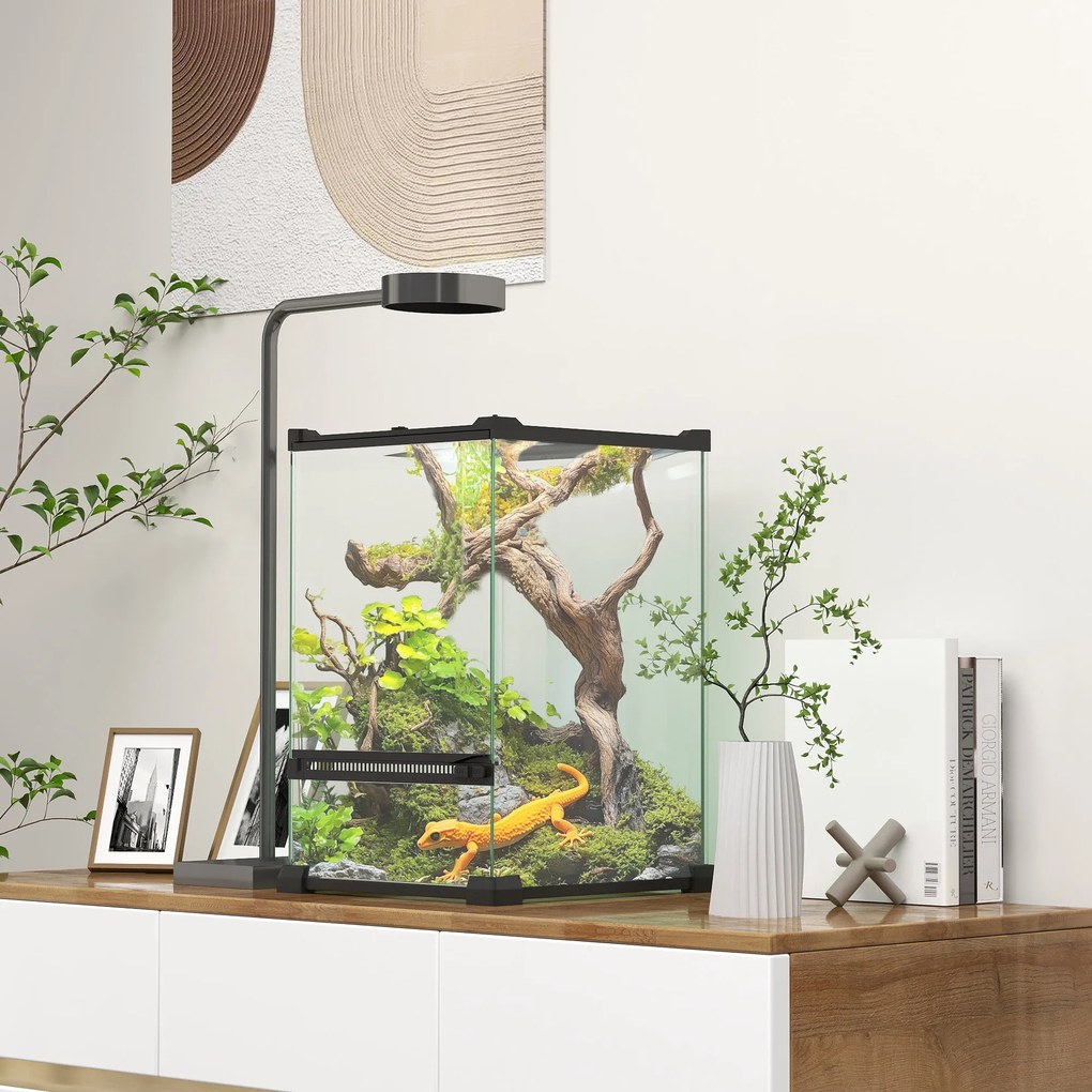 PawHut Skleněný terárium pro plazy Vivarium 12 L Box pro plazy S chladící síťovinou, pro žáby, hady, želvy, 20 x 30 cm, Černé