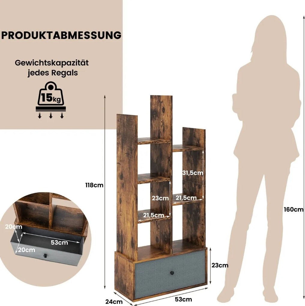 Costway 7-Tier otevřená knihovna se zásuvkou – 53 × 24 × 118 cm