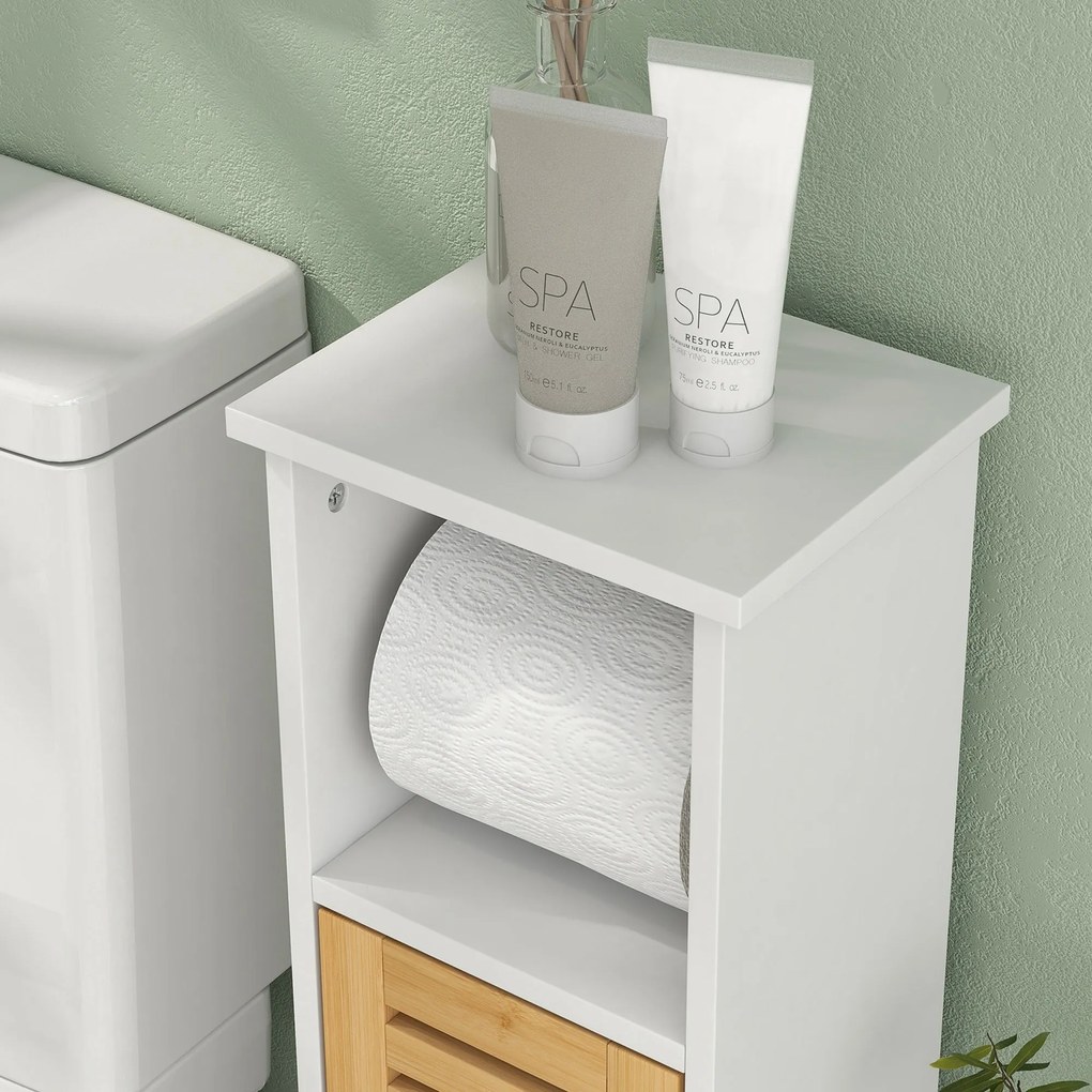 HOMCOM Koupelnová skříňka s držákem toaletního papíru a odnímatelnou tyčí 3 úrovně + držák toaletního papíru, 21 š x 17 h x 78 v cm, bambus a bílá | A