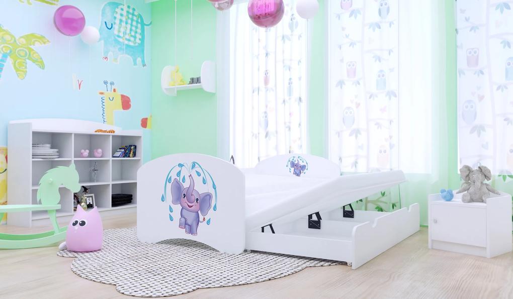 Svět pokojů Dětská postel Kevin pro dvě děti - šťastný sloník + matrace zdarma Barva: Bílá, Rozměr: 160x80 cm, Zábrana: NE