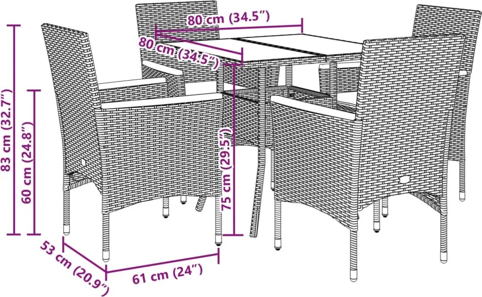 5dílný zahradní jídelní set s poduškami šedý polyratan a sklo 3278706