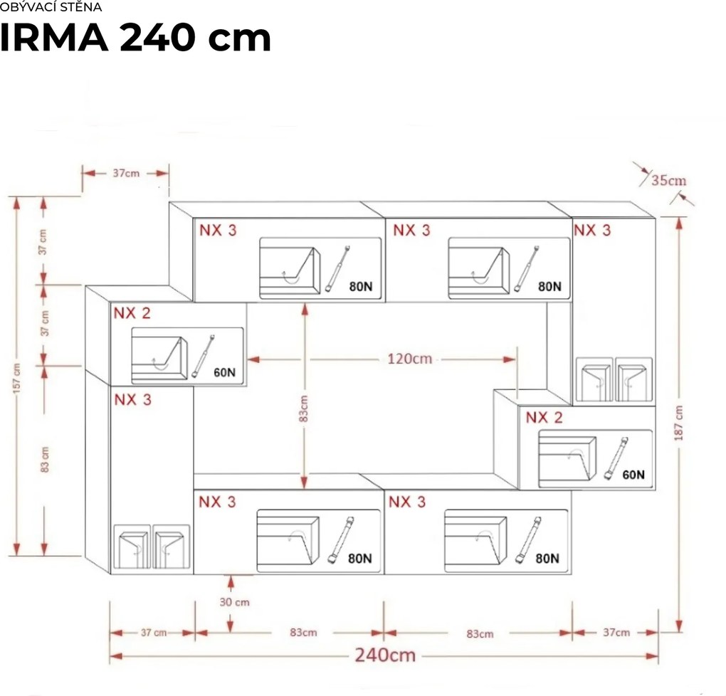 Ral Obývací stěna IRMA 4, 240 cm - Bílý lesk