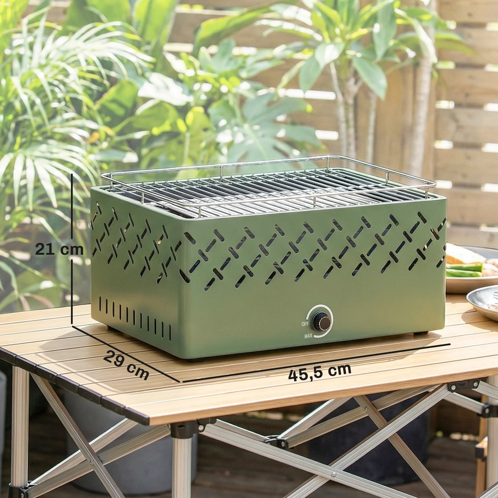 Outsunny gril na dřevěné uhlí 45,5x29x21 cm s integrovaným ventilátorem, nastavitelnou teplotou a miskou na uhlí, světle zelený