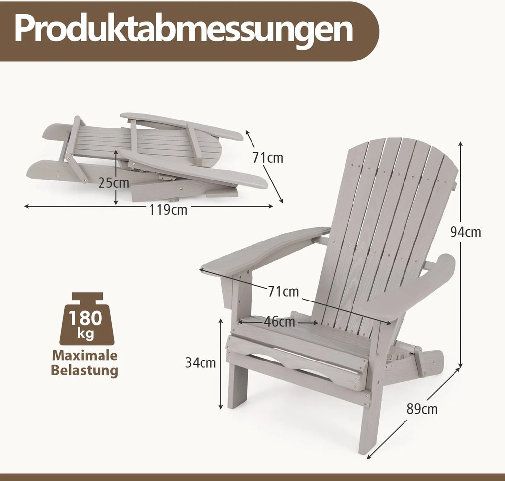 Costway Sada 2 skládacích židlí Adirondack ze dřeva s nosností 180 kg zahradní