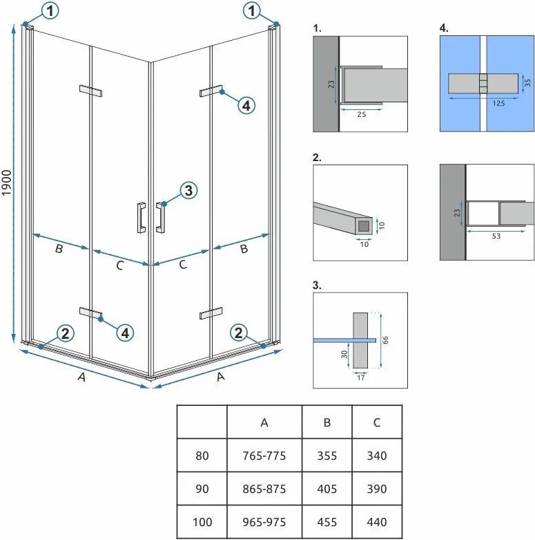 Rea Molier Double, sprchový kout se skládacími dveřmi 90(dveře) x 80(dveře), 6mm čiré sklo, chromový profil, KPL-K6369