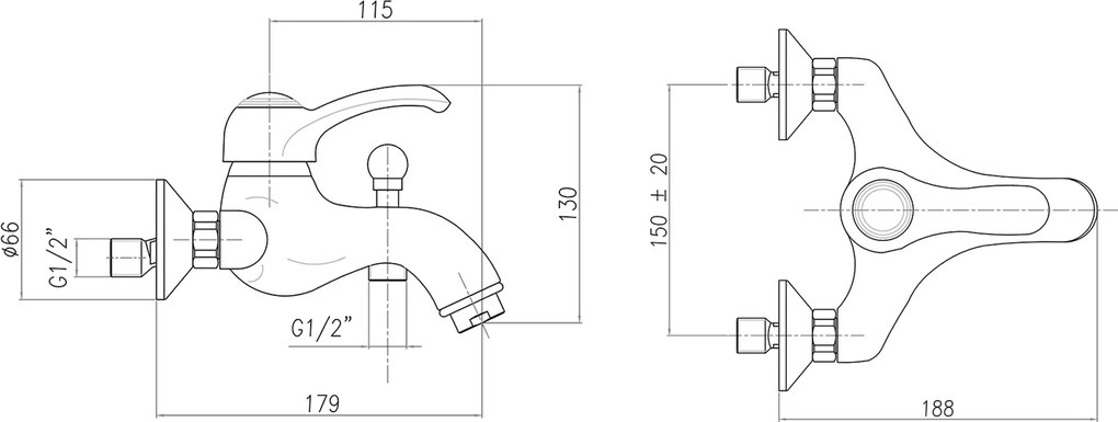 Sapho Kirké KI10C vanová baterie nástěnná 150 mm páková