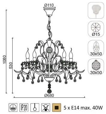 ACA DECOR Závěsný lustr SARDINIA max. 5x40W/E14/230V/IP20