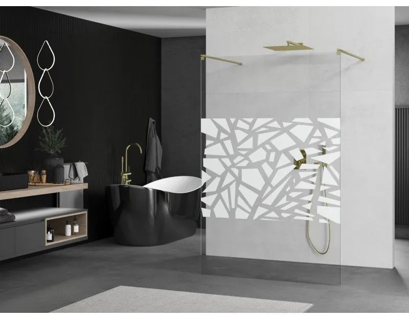 Mexen Kioto, sprchová zástěna Walk-In 110 x 200 cm, 8mm čiré sklo bílý vzor, ​​zlatý matný profil, 800-110-002-55-85