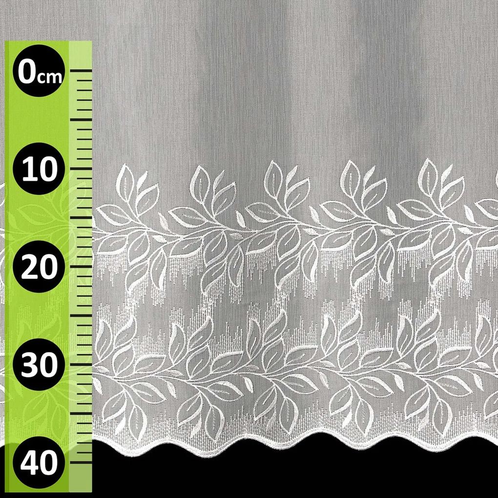 Českomoravská textilní záclona polyesterový batist V407 vyšívané listy, s bordurou, bílá, výška 250cm (v metráži)